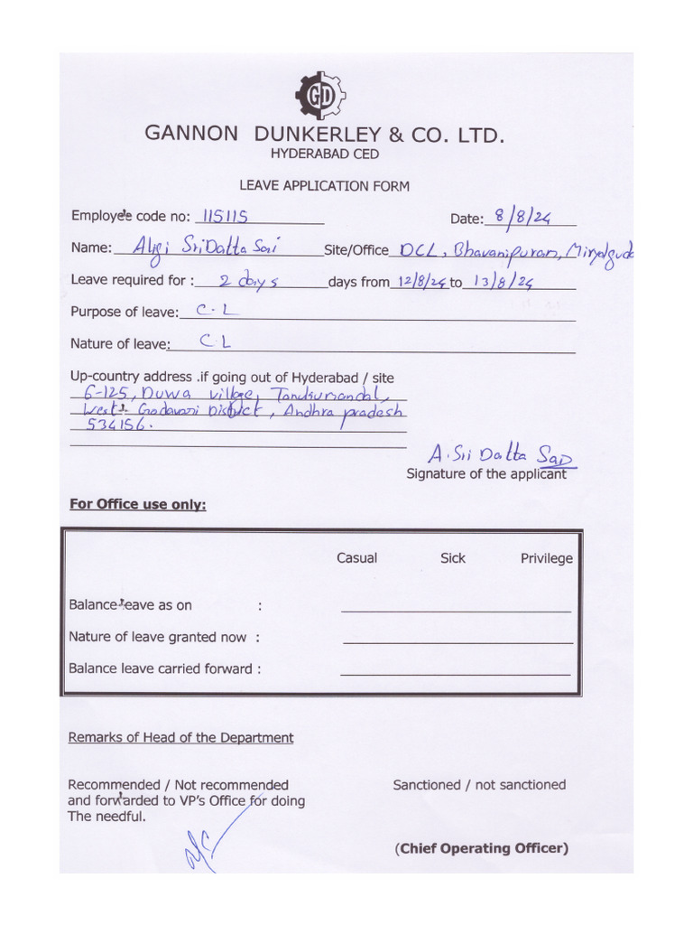Datta Sai Leave Application | PDF
