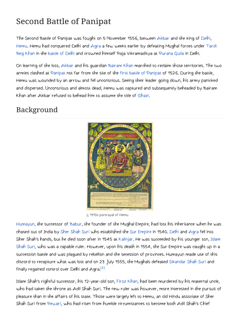 Second Battle of Panipat - Wikipedia | PDF | Mughal Empire