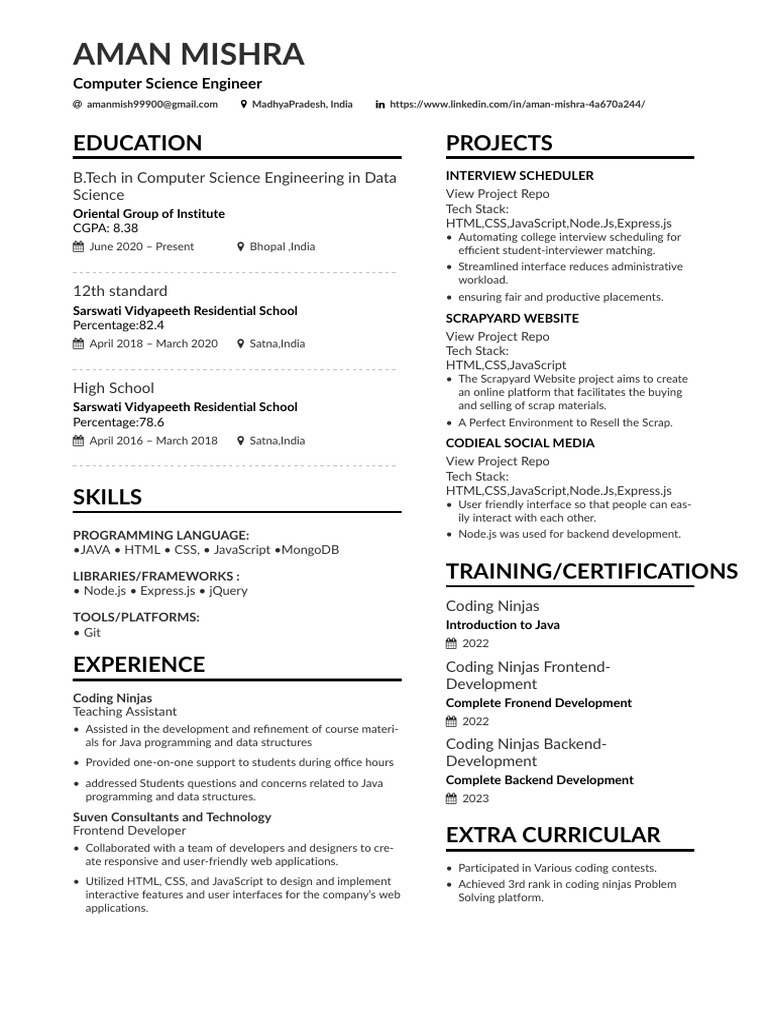 Aman Mishra: Projects Education | PDF | Java Script | Java (Programming Language)