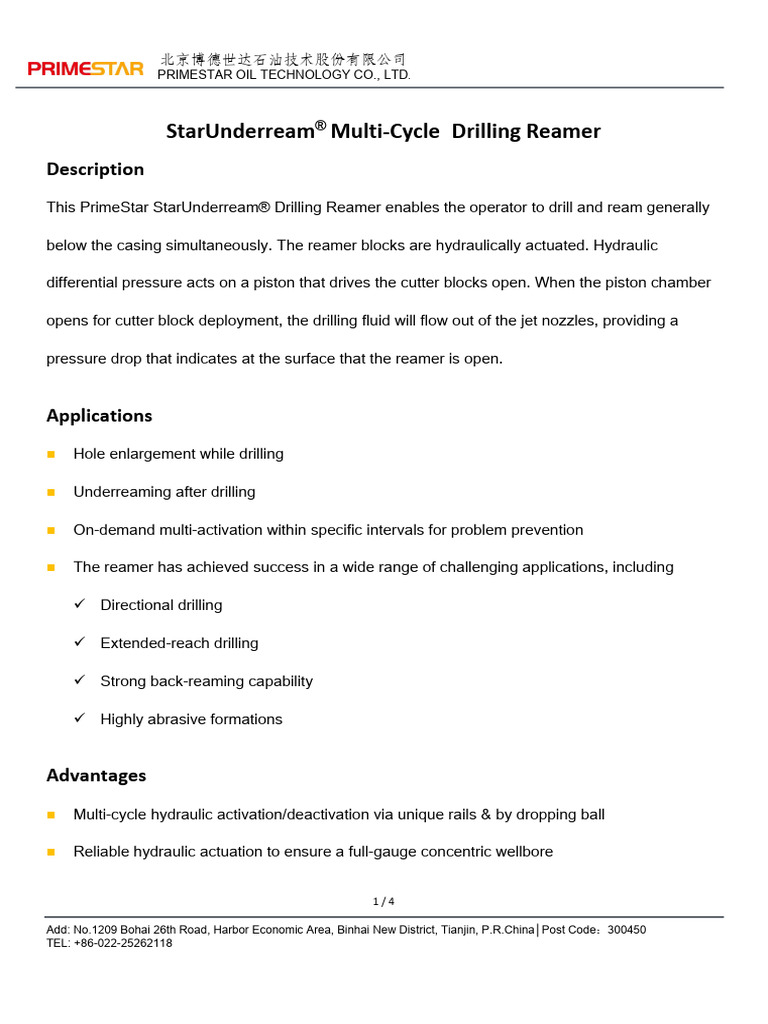 Multi-Cycle Underreamer Specification | PDF | Drilling | Casing (Borehole)