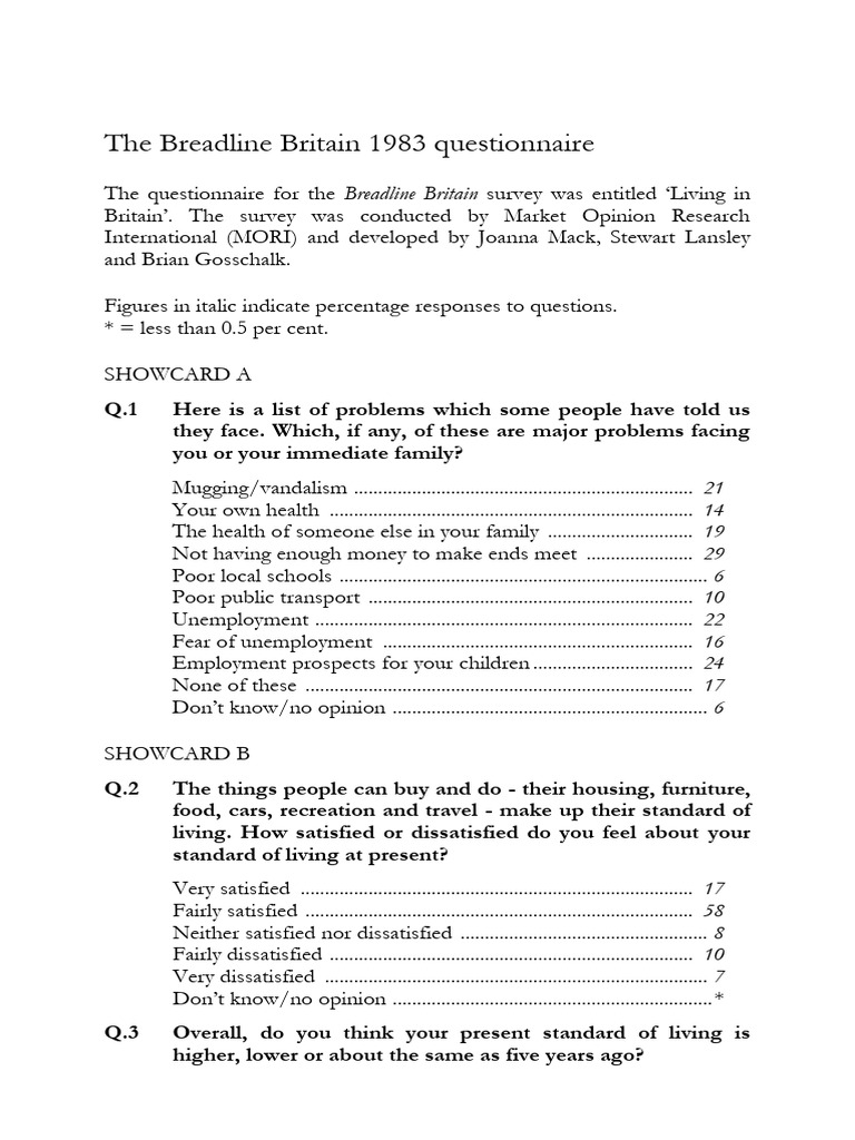 The Breadline Britain 1983 Questionnaire | PDF | Pension | Welfare