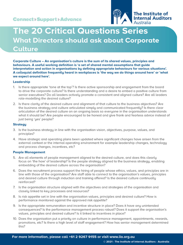 20 Questions Directors Should Ask About Corporate Culture | PDF ...