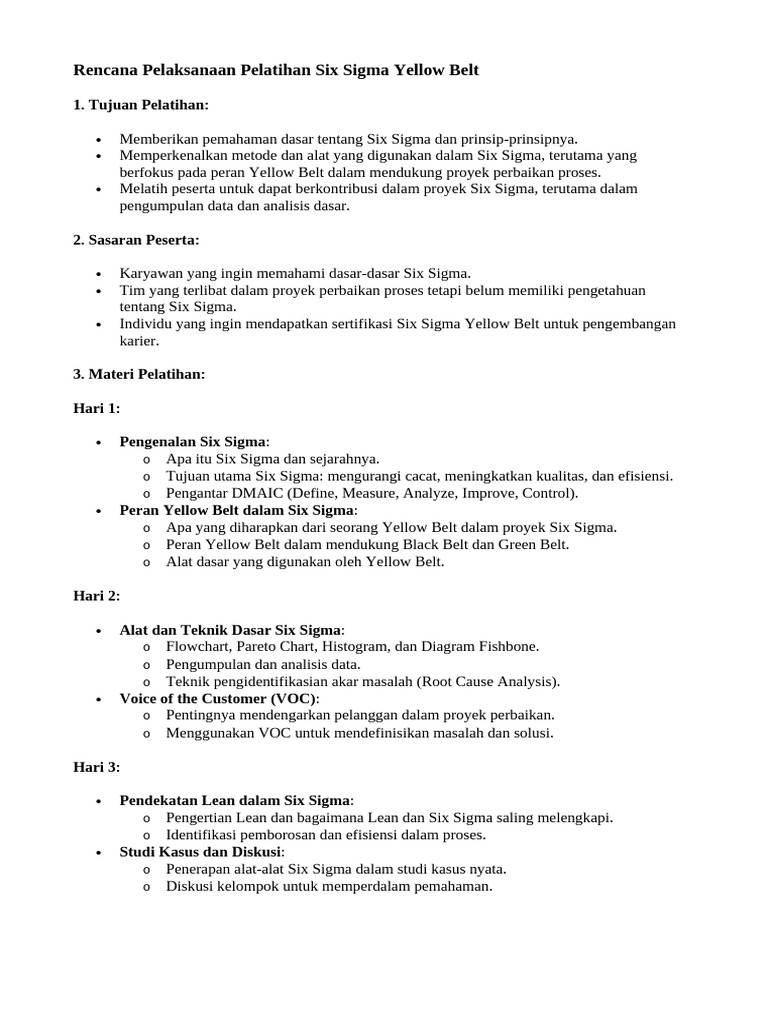 Rencana Pelaksanaan Pelatihan Six Sigma Yellow Belt | PDF