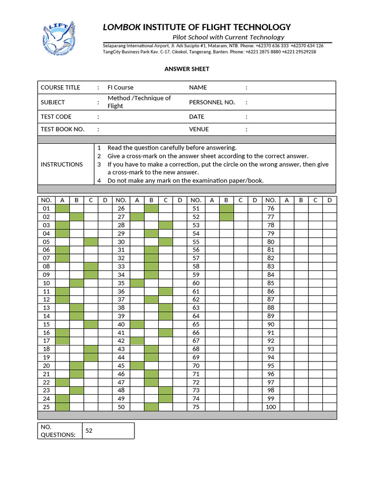 Flight Technology Exam Answer Sheet | PDF | Aviation