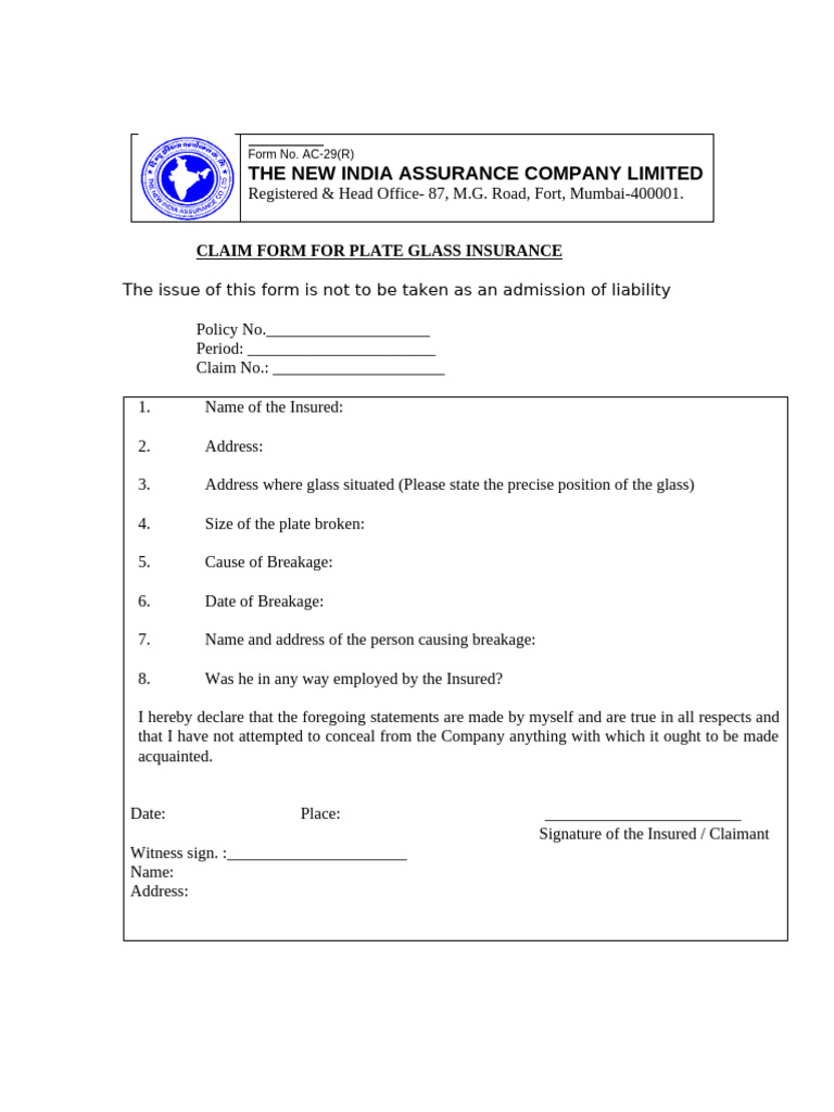 Plate Glass Claim Form - NIAC | PDF