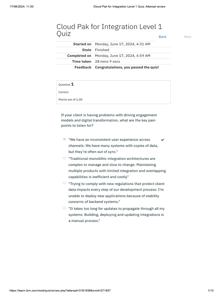 Cloud Pak For Integration Level 1 Quiz | PDF | Cloud Computing | Software As A Service