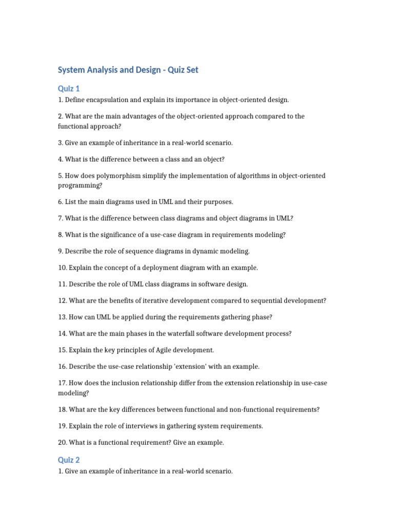 System Analysis and Design Quiz Set | PDF | Use Case | Unified Modeling ...