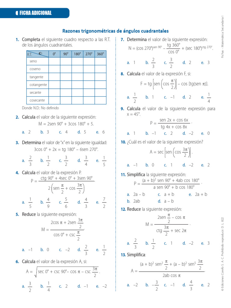 FA - Razones Trigonométricas de Ángulos Cuadrantales | PDF | Funciones trigonométricas ...