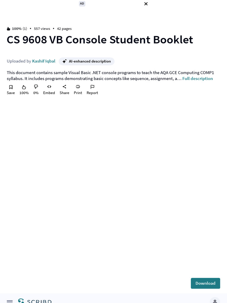 CS 9608 VB Console Student Booklet: Kashif Iqbal | PDF | Computing | Software