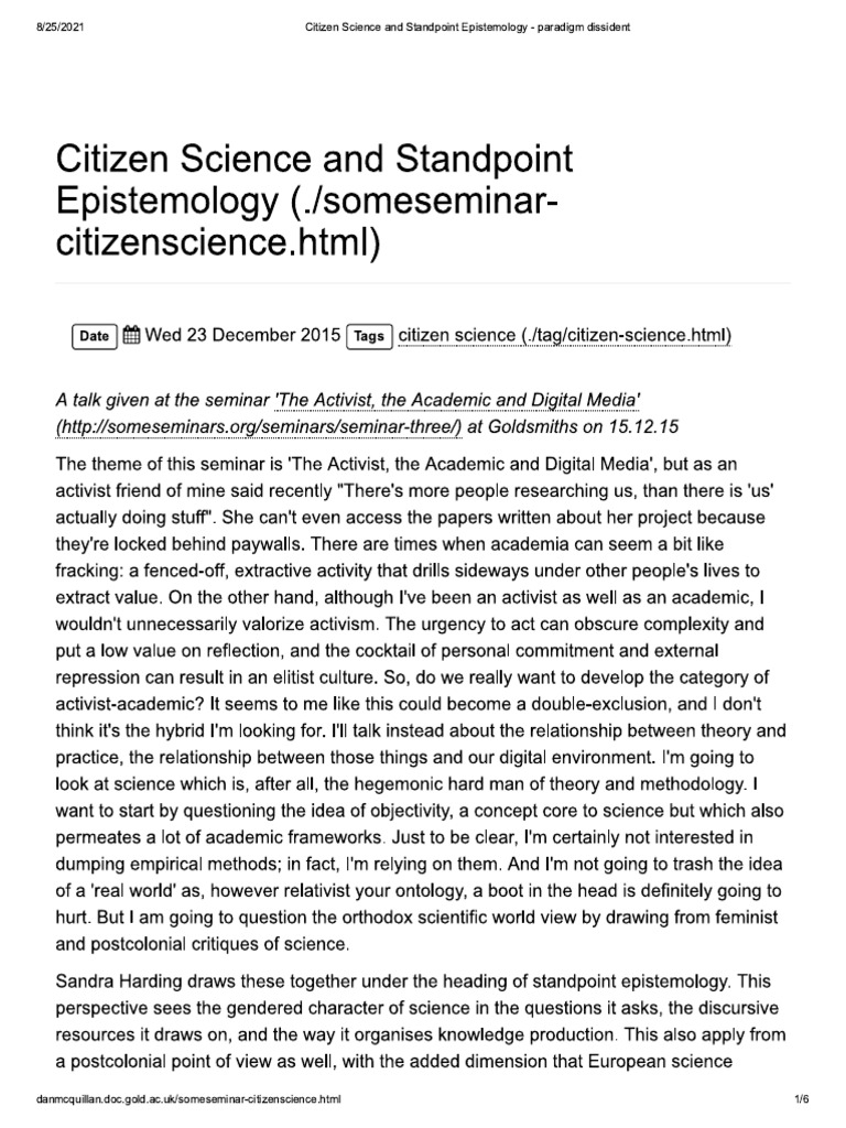 Citizen Science and Standpoint Epistemology - Paradigm Dissident | PDF
