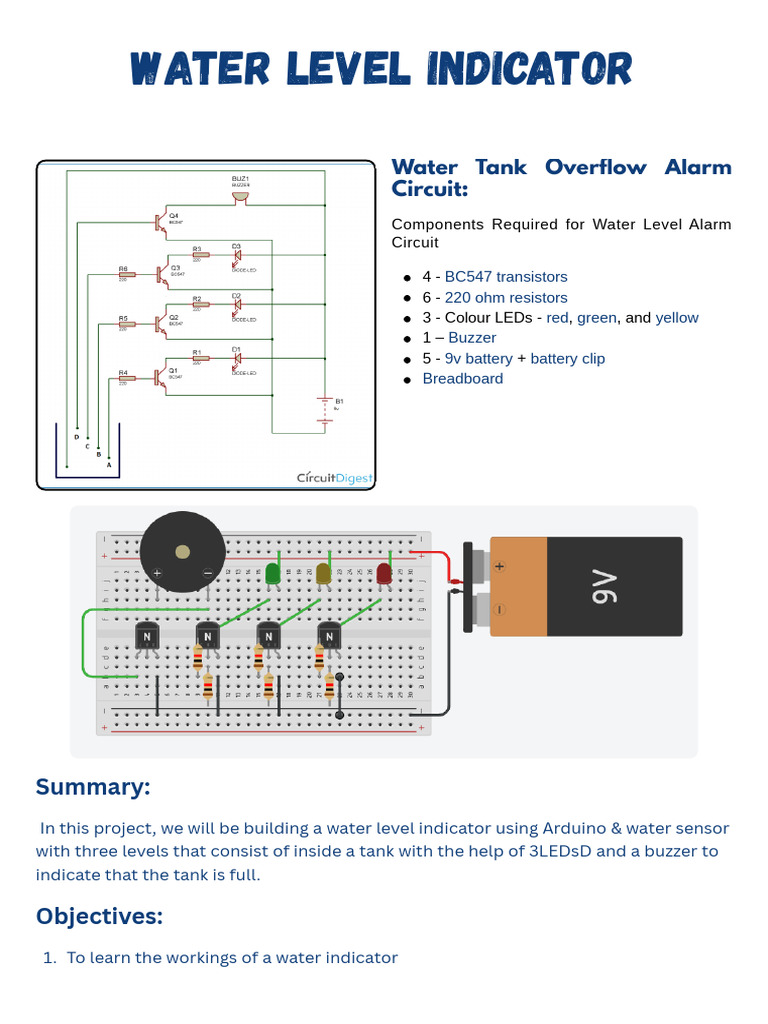 Water Level Indicator | PDF | Electronic Circuits | Light Emitting Diode