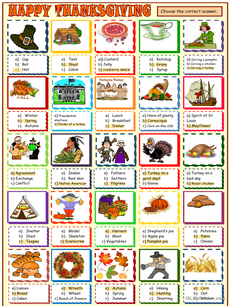 Thanksgiving Vocabulary - Multiple Choice | PDF