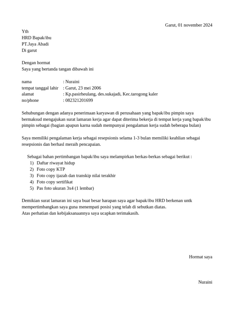 Surat Lamaran Kerja Nuraini | PDF