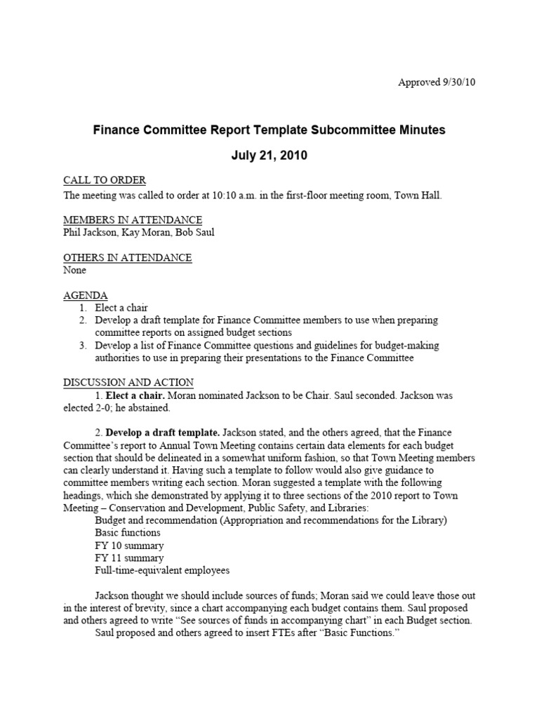 Finance Committee Report Template Subcommittee Minutes July 21, 2010 ...