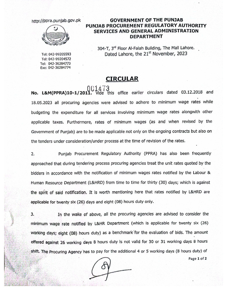 PPRA Circular Minimum Wage - 26 Working Days | PDF