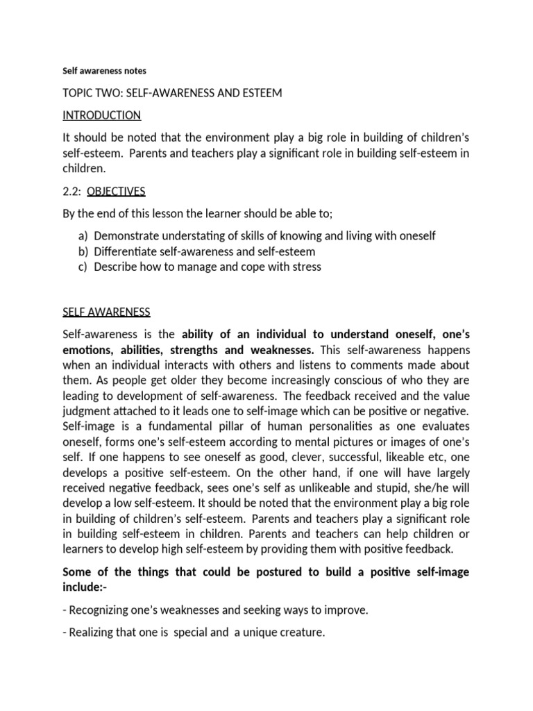 Lifeskills Self Awareness Topic2&3 | PDF | Self Esteem | Self Awareness