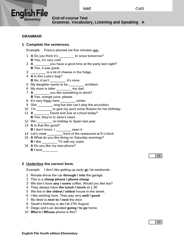EF4e Elem End of Course Test A | PDF | Vocabulary | English Language
