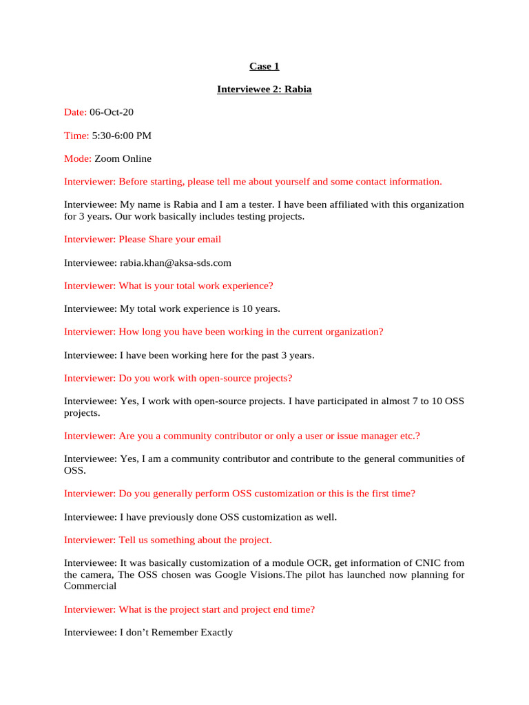 Case 1 (Interviewee 2) (Rabia) | PDF | Scrum (Software Development) | Computing
