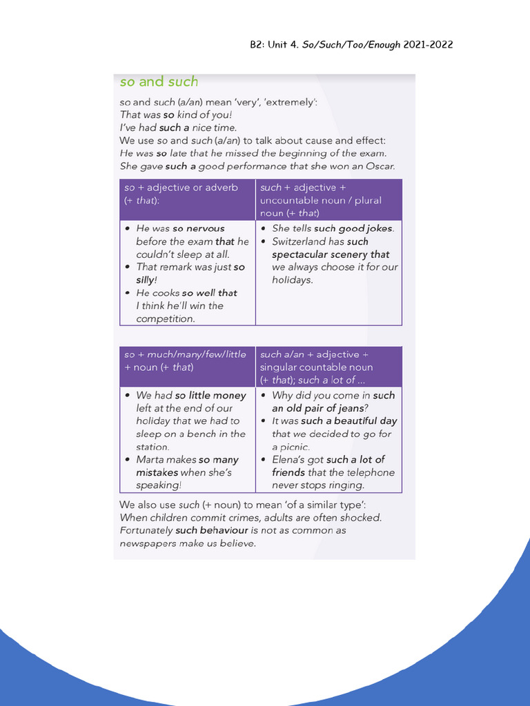 B2 Unit 4 So - Such - Too - Enough | PDF