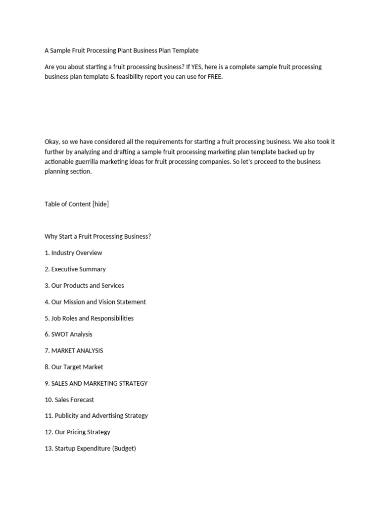 A Sample Fruit Processing Plant Business Plan Template | PDF | Point Of ...