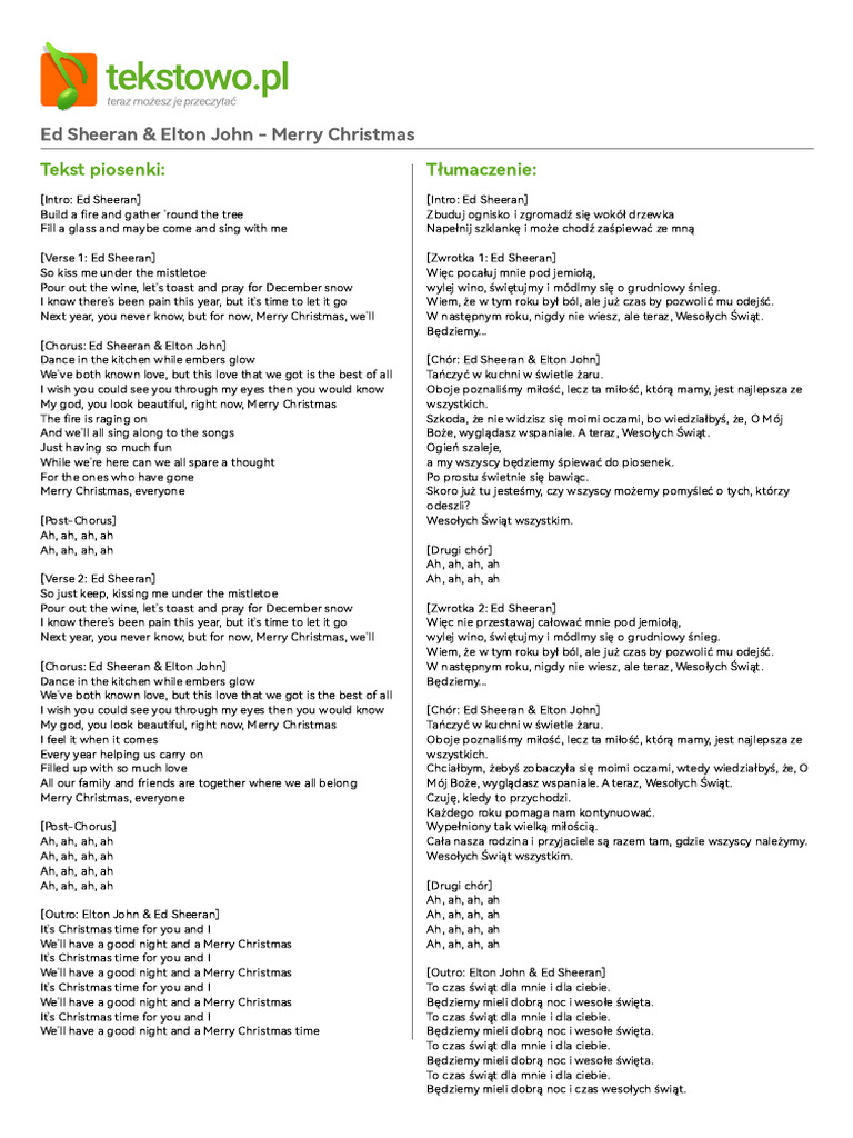 Ed Sheeran & Elton John - Merry Christmas - Tekst I Tłumaczenie Piosenki Na Tekstowo - PL | PDF