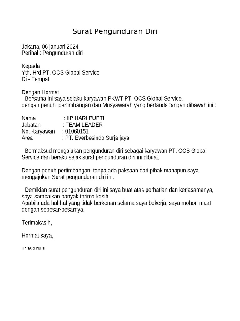 Surat Pengunduran Diri TL Muklis | PDF