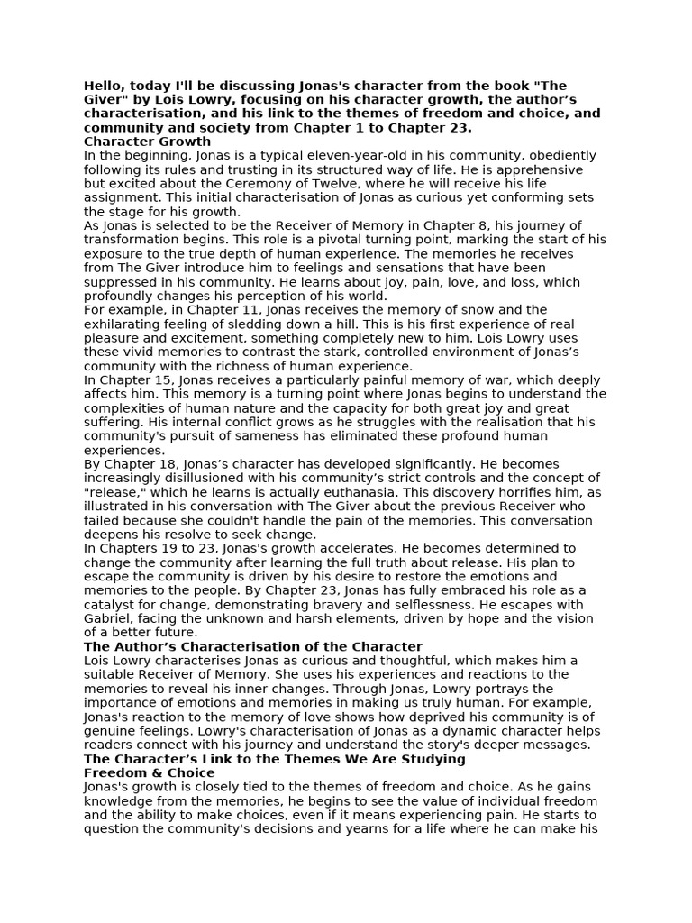 Script For Audio Analysis | PDF | The Giver | Psychological Concepts