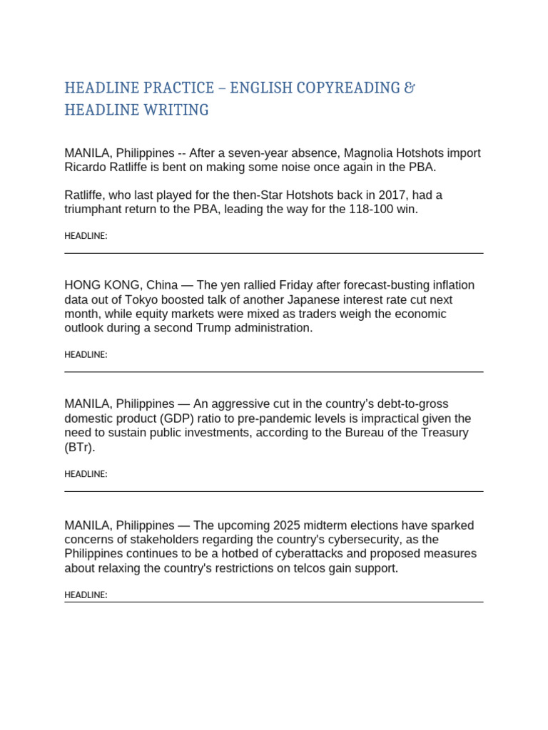 Headline Practice 6 | PDF