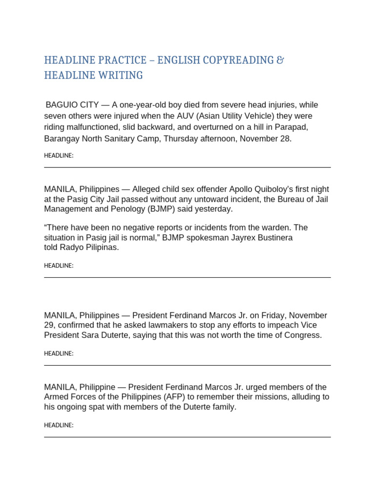 Headline Practice | PDF