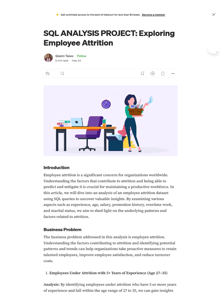 SQL ANALYSIS PROJECT - Exploring Employee Attrition - by Gbemi Taiwo - Medium | PDF | Salary ...