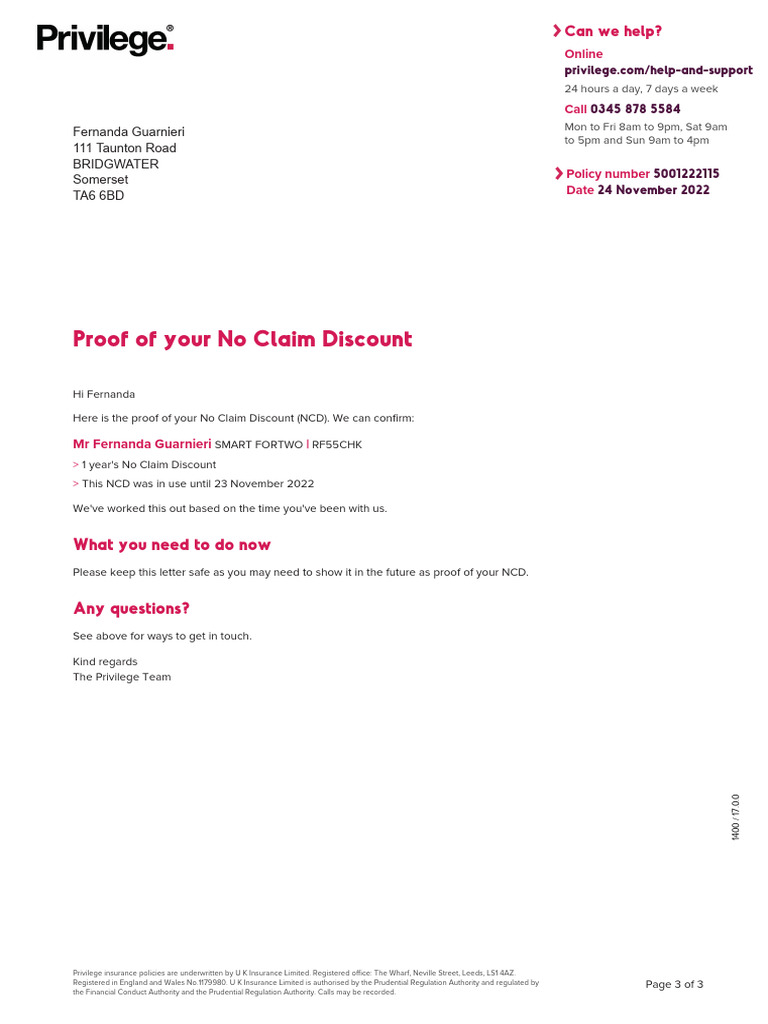 Proof of No Claim Discount Letter | PDF | Financial Regulation ...