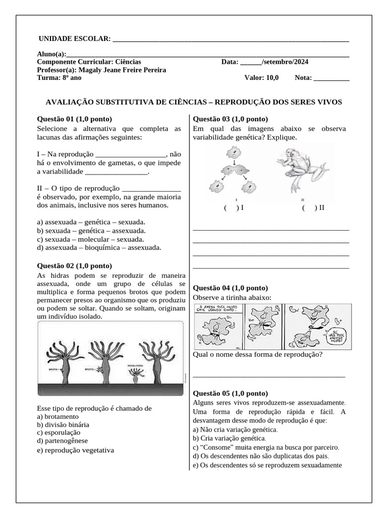Reprodução Dos Seres Vivos - 8º Ano - Aval Substit | PDF | Reprodução ...