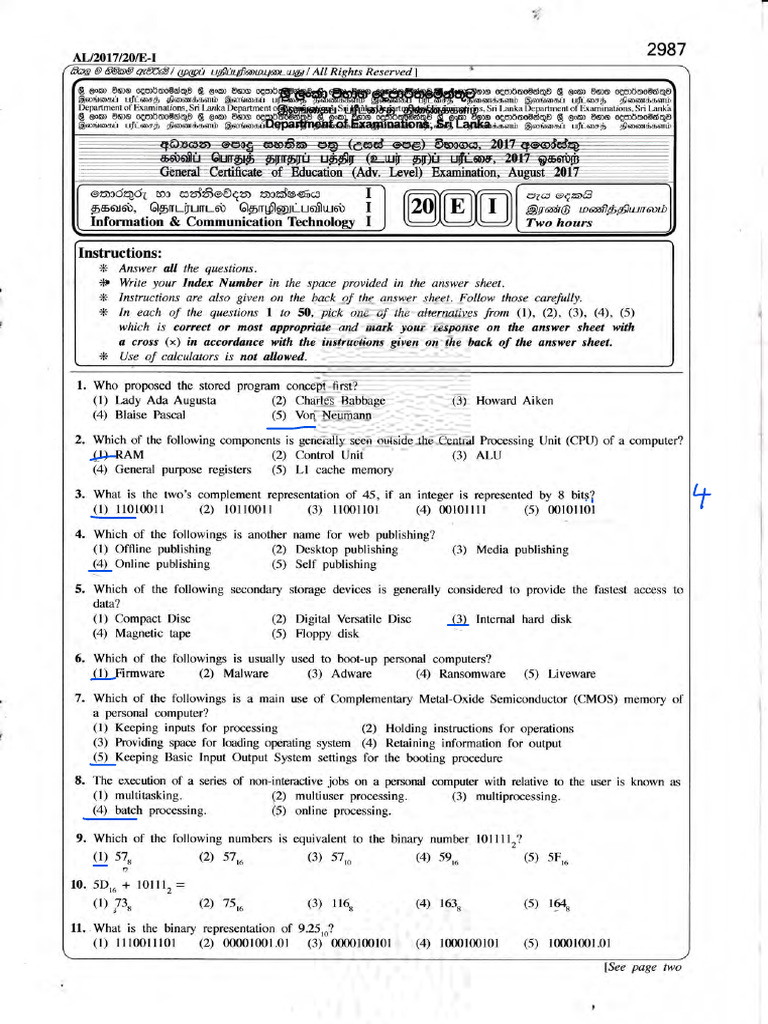 2017 AL ICT Past Paper English Medium | PDF | Computer Data Storage ...