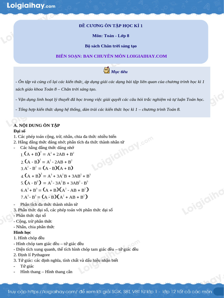 De Cuong On Tap hk1 Toan 8 | PDF