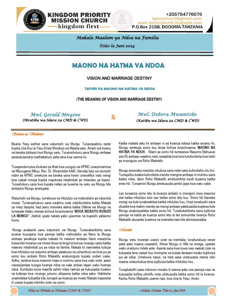 MAKALA YA NDOA - Juni 2024 - MAONO NA HATMA YA NDOA PDF | PDF