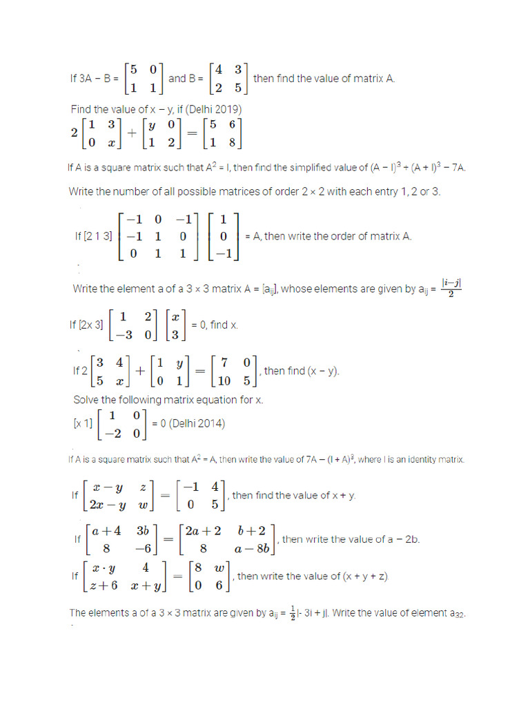MATRICES WORK SHEET PDF