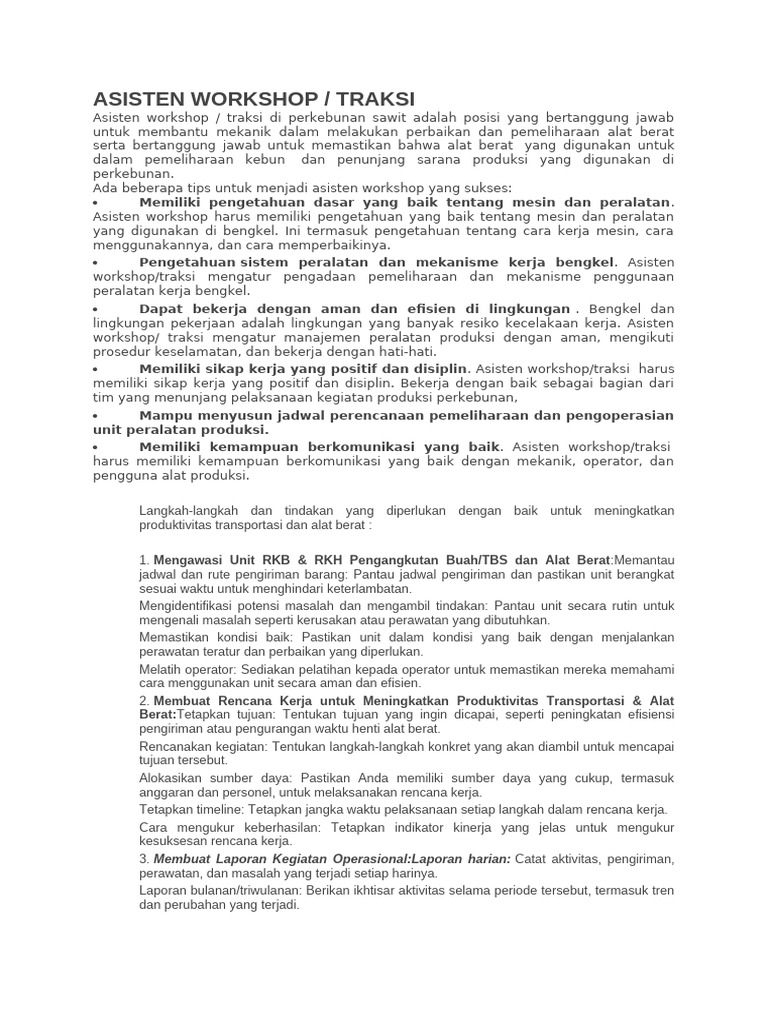 Tugas dan Peran Asisten Traksi Sawit | PDF