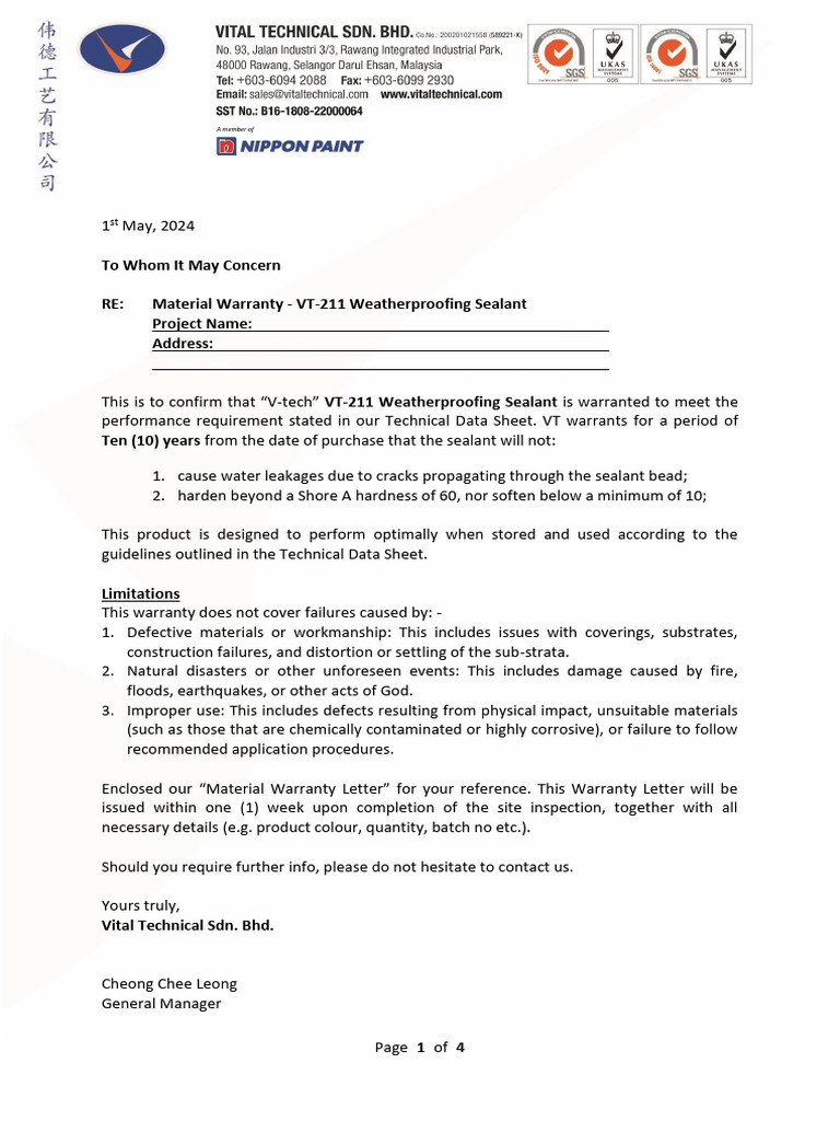 Material Warranty - Undertaking Letter & Template - VT-211 (24-01) | PDF | Legal Liability | Damages