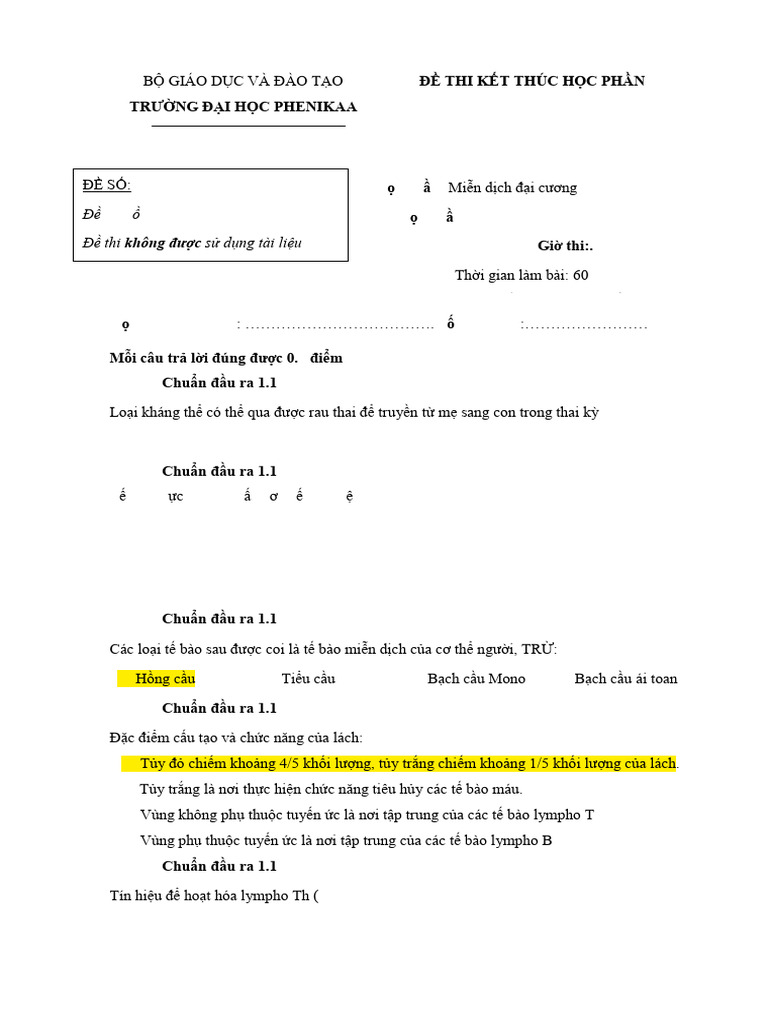 Đề 01 Miễn dịch đại cương 2024 | PDF