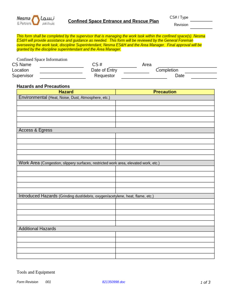 Nesma Confined Space Rescue Plan | PDF | Safety | Occupational Safety And Health