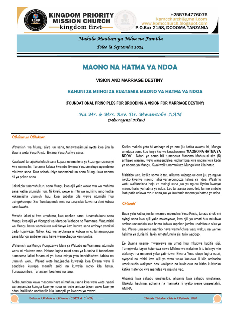 Septemba 2024 - Makala Ya Ndoa Na Familia - Maono Na Hatma Ya Ndoa PDF ...