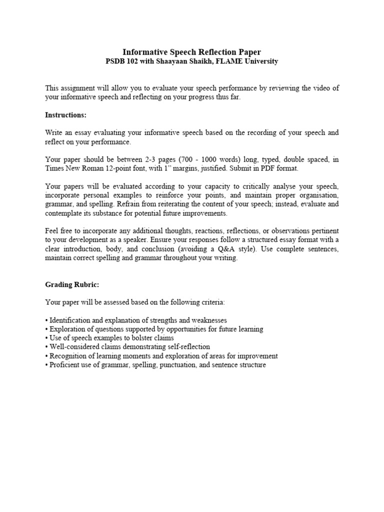 Informative Speech Reflection Paper Guidelines - Shaayaan Shaikh | PDF ...