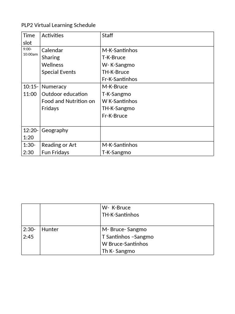 PLP2 Virtual Learning Schedule | PDF
