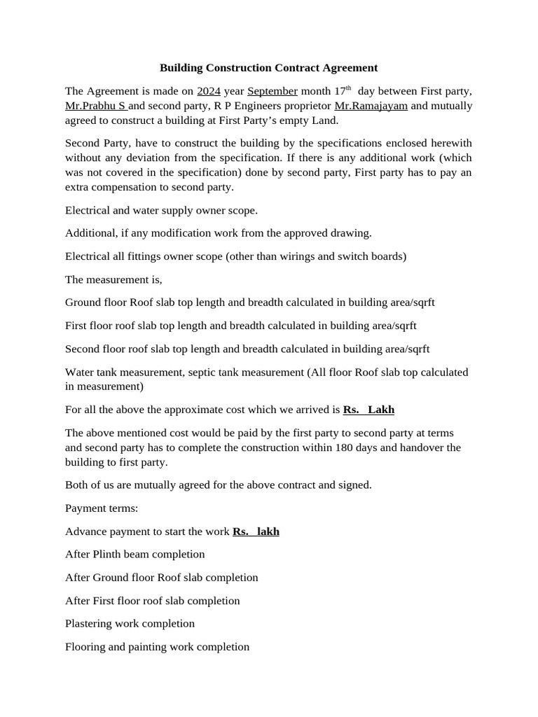 Building Contract Agreement | PDF | Wall | Building Engineering