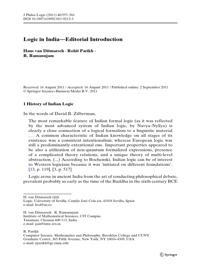 Logic In India Editorial Introduction Pdf Mathematical Logic Epistemology