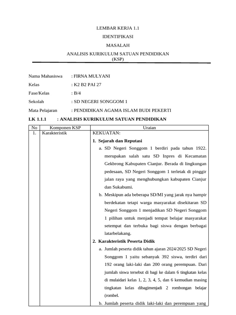 Analisis Kurikulum SD Negeri Songgom 1 | PDF