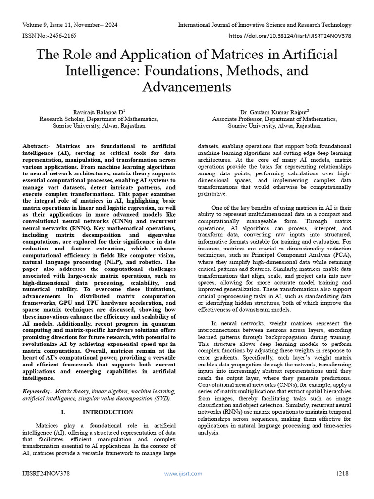 The Role and Application of Matrices in Artificial Intelligence: Foundations, Methods, and ...