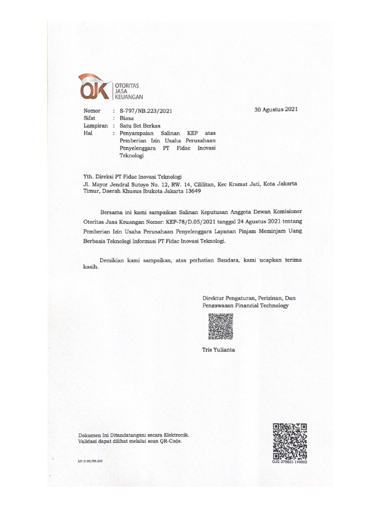 SK OJK - Tanda Berizin | PDF