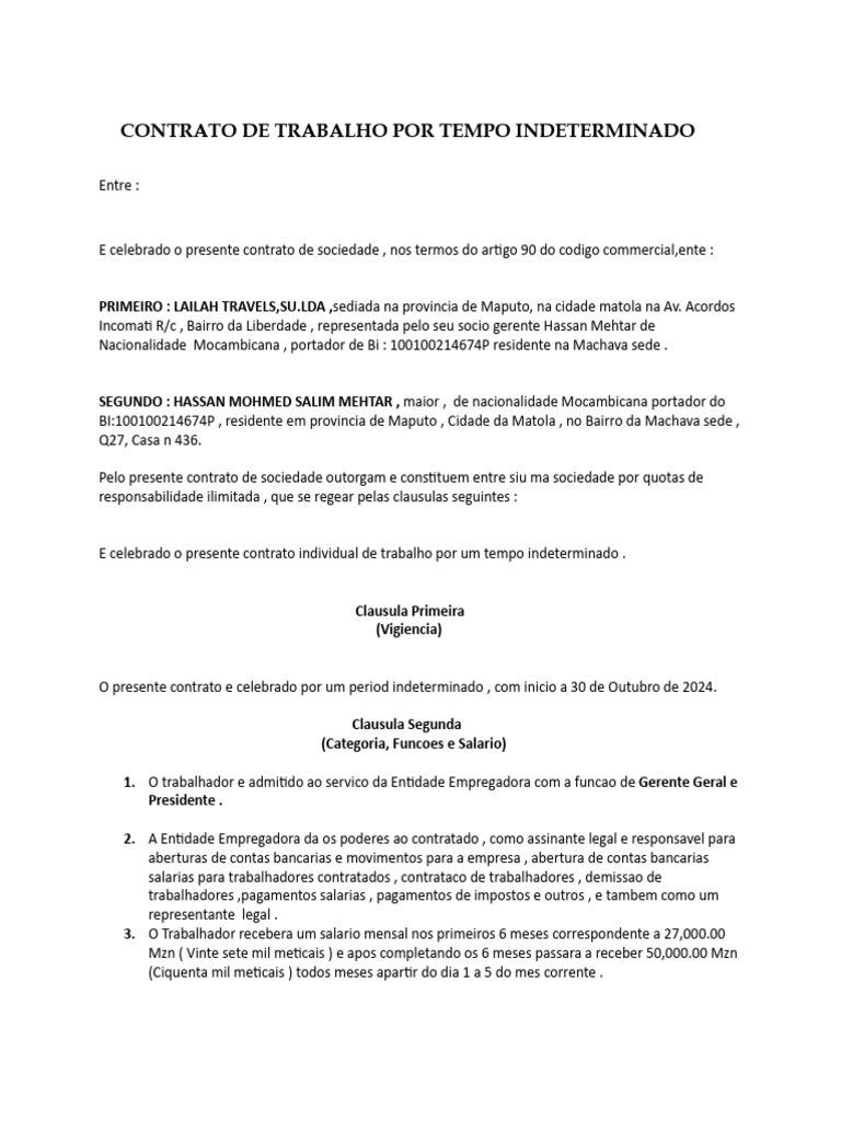Contrato de Trabalho Por Tempo Indeterminado | PDF | Trabalho | Direito Comercial