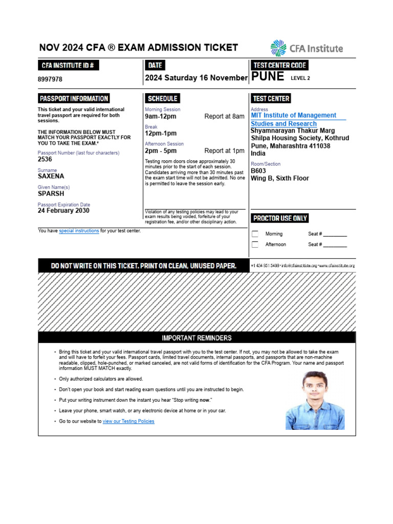 CFA Admit Card | PDF | Government And Personhood